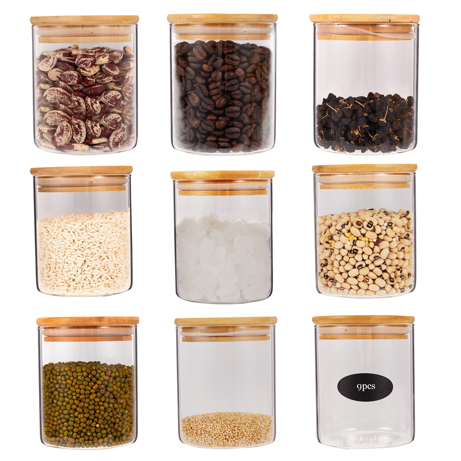 9pcs Glass Jars with Airtight Bamboo Lids,17 oz 500ml Wide Mouth Clear Glass Food Storage Containers,Glass Kitchen Canisters with Labels for Coffee Bean,Candy,Tea,Spices,Nuts and More Dry Goods