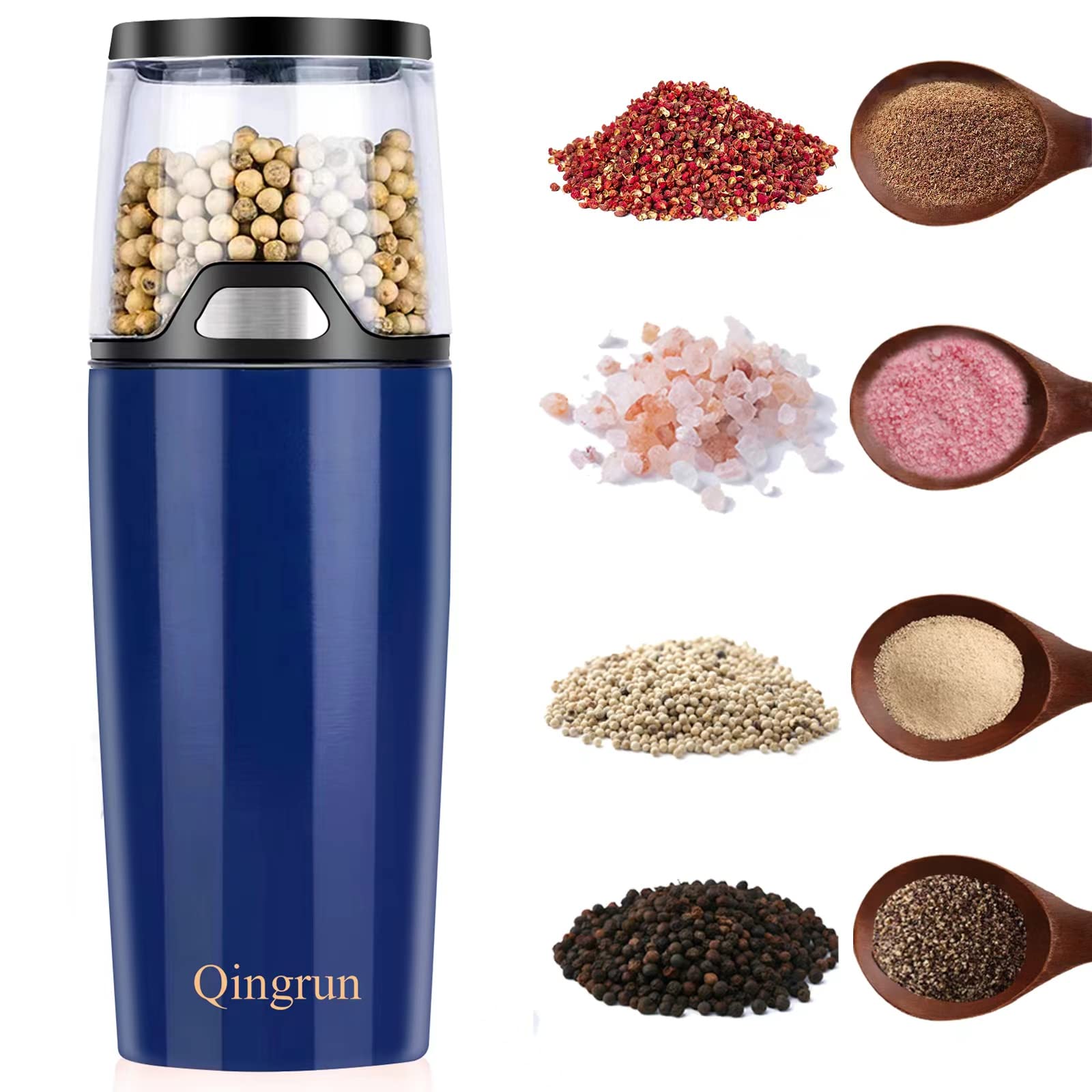 Qingrun electric salt or pepper grinder is provided with button control for grinding,battery-powered pepper mill,one-hand operation and white light.Adjustable roughness pepper grinder.Blue