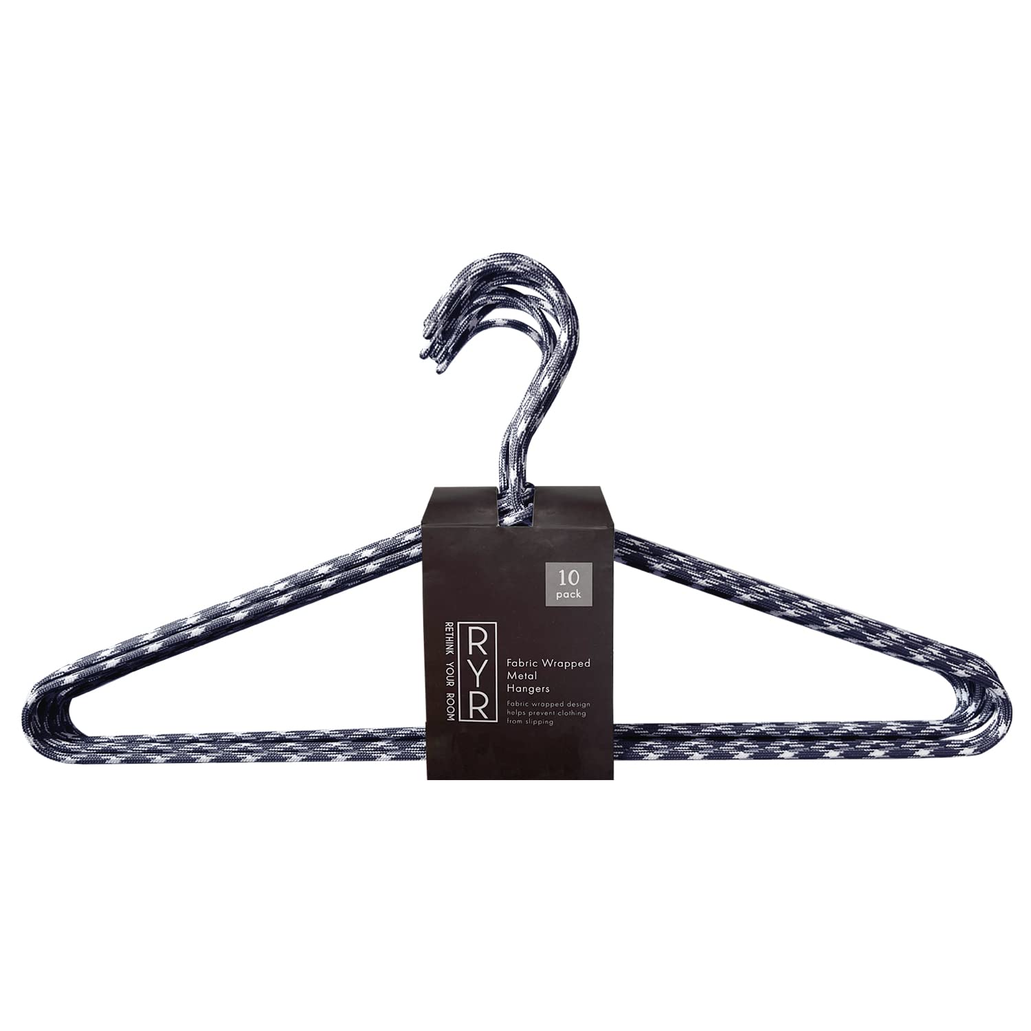 Rethink Your Room Clothes Hangers 10 Pack Stylish Fabric Wrapped Metal, Space Saving Coat, Velvet, Pant Hangers for Closet Organization, Durable Non-Slip, Navy/White Wardrobe Essentials Bulk Storage