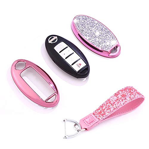 Royalfox(TM) 3 4 5 6 Buttons 3D Bling keyless Entry Remote Smart Key Fob case Cover for Nissan Murano Pathfinder Titan Maxima Sylphy Lannia Livina NV200 Tiida Teana Qashqai Sunny (Pink)