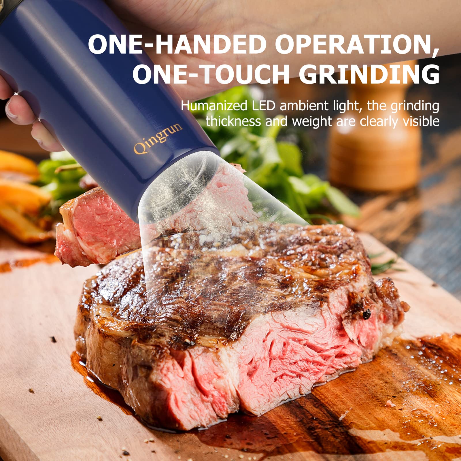 Qingrun electric salt or pepper grinder is provided with button control for grinding,battery-powered pepper mill,one-hand operation and white light.Adjustable roughness pepper grinder.Blue