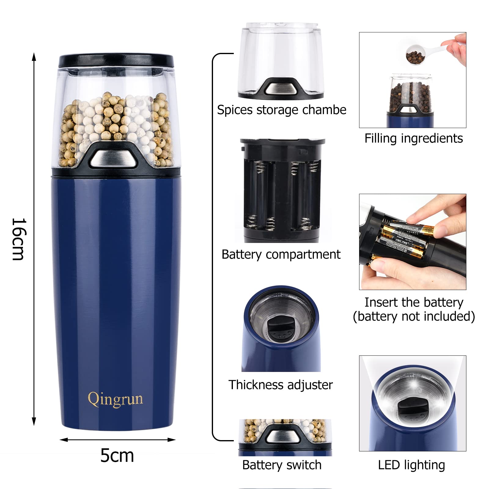 Qingrun electric salt or pepper grinder is provided with button control for grinding,battery-powered pepper mill,one-hand operation and white light.Adjustable roughness pepper grinder.Blue