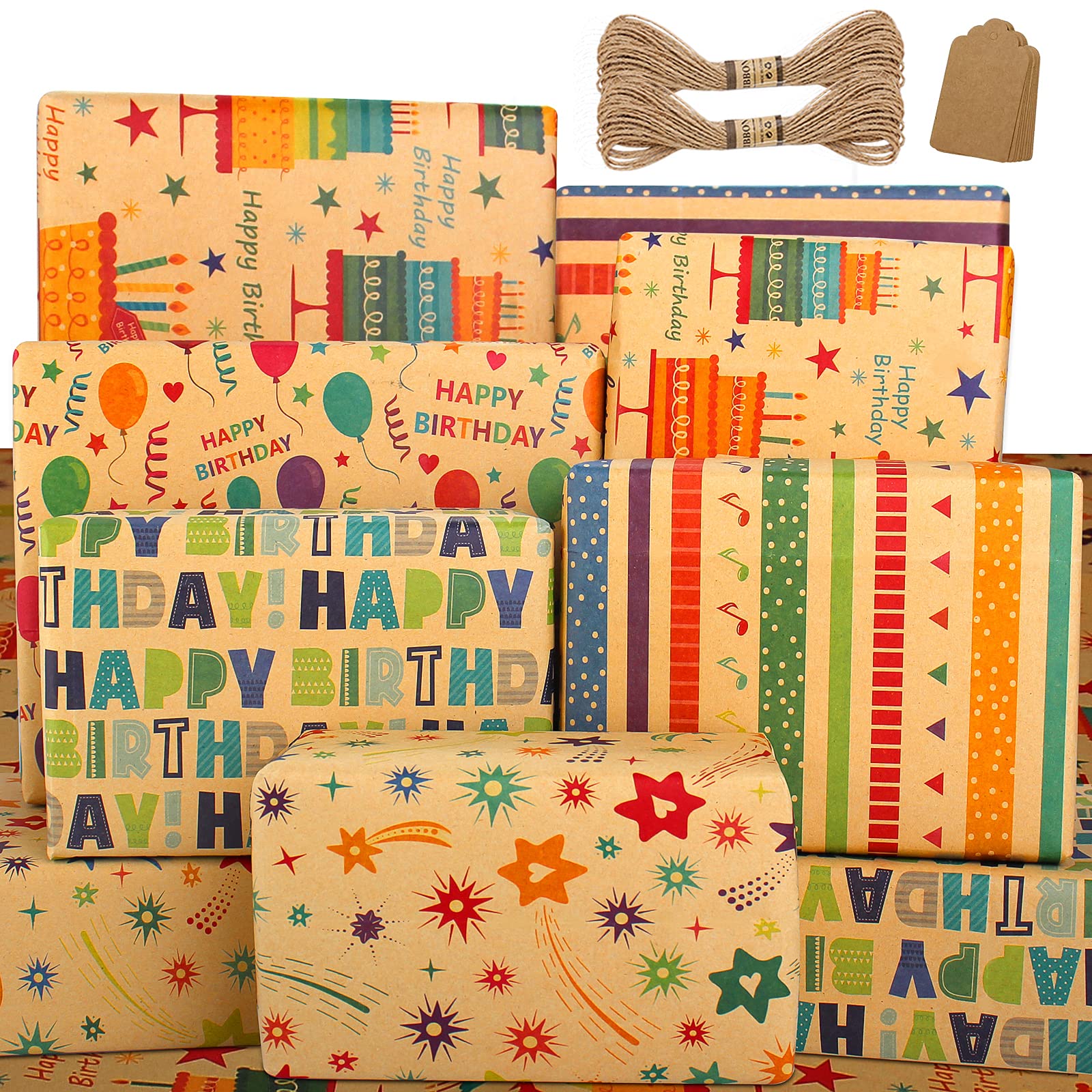 Wrapping Paper Birthday Wrapping Paper Sheets-Recyclable Gift Wrapping Paper Set with Gift Tags & String-Birthday Gift Wrap for Present Wrapping Paper with Brown Kraft and Colorful Design-Birthday Wrap Birhtday Paper for Men Women Girls Boys Kids