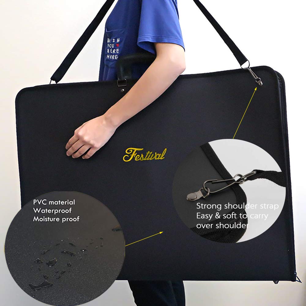 VACA KEY Art Portfolio Case PVC Storage Bag with Carrying Shoulder Strap and Zipper Artist Pocket Artwork Waterproof Sketch Drawing (28 x 20.5 Inch)