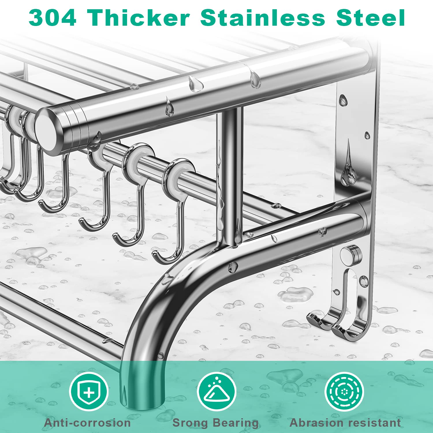 Towel Racks for Bathroom wall mounted, Adjustable 15 to 26 Inch Double Towel Bar for Bathroom, Favbal 304 Stainless Steel Bath Towel Holder with Shelf and 6 Hooks (Silver)