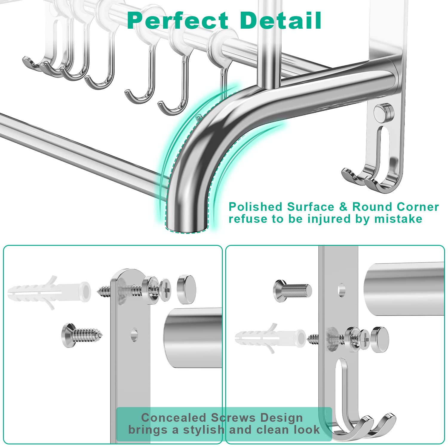 Towel Racks for Bathroom wall mounted, Adjustable 15 to 26 Inch Double Towel Bar for Bathroom, Favbal 304 Stainless Steel Bath Towel Holder with Shelf and 6 Hooks (Silver)