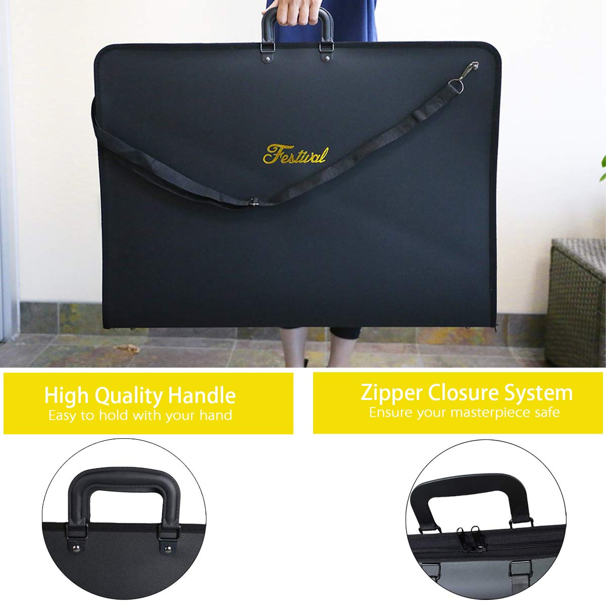 VACA KEY Art Portfolio Case PVC Storage Bag with Carrying Shoulder Strap and Zipper Artist Pocket Artwork Waterproof Sketch Drawing (28 x 20.5 Inch)