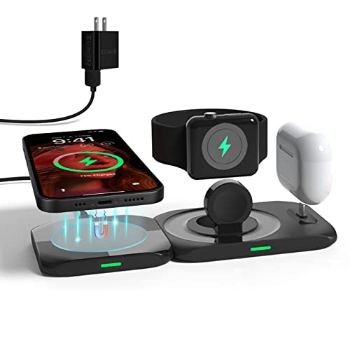 Wireless Magnetic Charging Station 4 in 1, Mag-Safe Charger Compatible for iPhone 14/13/12/11, Fast Charge Pad Compatible for Apple Watch Ultra/8/7/SE2/Airpods 1 2/ Pro1 2(QC 3.0 Adapter)