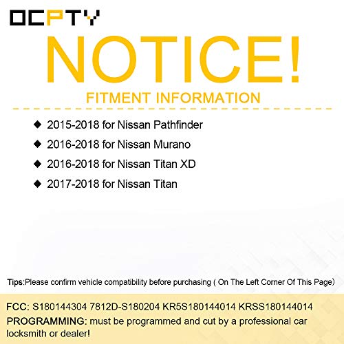 OCPTY 1 PCS Keyless Entry Remote Control Key Fob Transmitter Replacement for 15 16 17 18 for Nissan Pathfinder Murano Titan XD Titan S180144304 7812D-S180204 KR5S180144014 3 Buttons