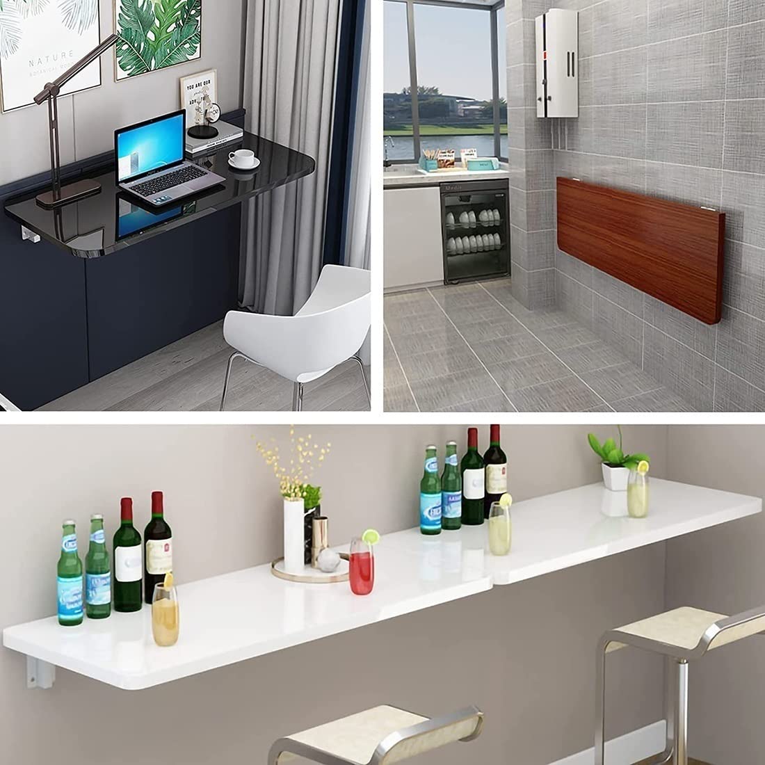 Laundry Folding Table, Wood Wall Mounted Table, Bracket Heavy Duty Stable Sturdy Wall Table, Floating Folding Table, Sturdy Hanging Table for Apartment, Study, Bedroom Kitchen Room Restaurant ( Color