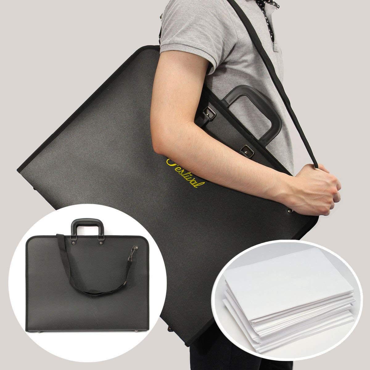 VACA KEY Art Portfolio Case PVC Storage Bag with Carrying Shoulder Strap and Zipper Artist Pocket Artwork Waterproof Sketch Drawing (28 x 20.5 Inch)
