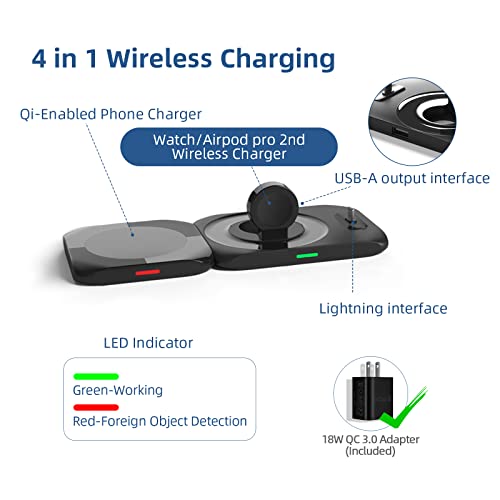 Wireless Magnetic Charging Station 4 in 1, Mag-Safe Charger Compatible for iPhone 14/13/12/11, Fast Charge Pad Compatible for Apple Watch Ultra/8/7/SE2/Airpods 1 2/ Pro1 2(QC 3.0 Adapter)