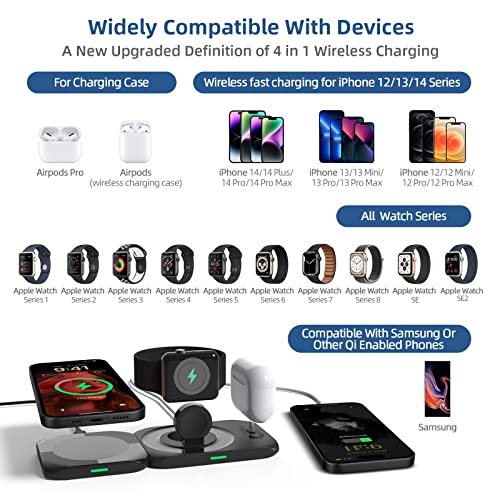 Wireless Magnetic Charging Station 4 in 1, Mag-Safe Charger Compatible for iPhone 14/13/12/11, Fast Charge Pad Compatible for Apple Watch Ultra/8/7/SE2/Airpods 1 2/ Pro1 2(QC 3.0 Adapter)