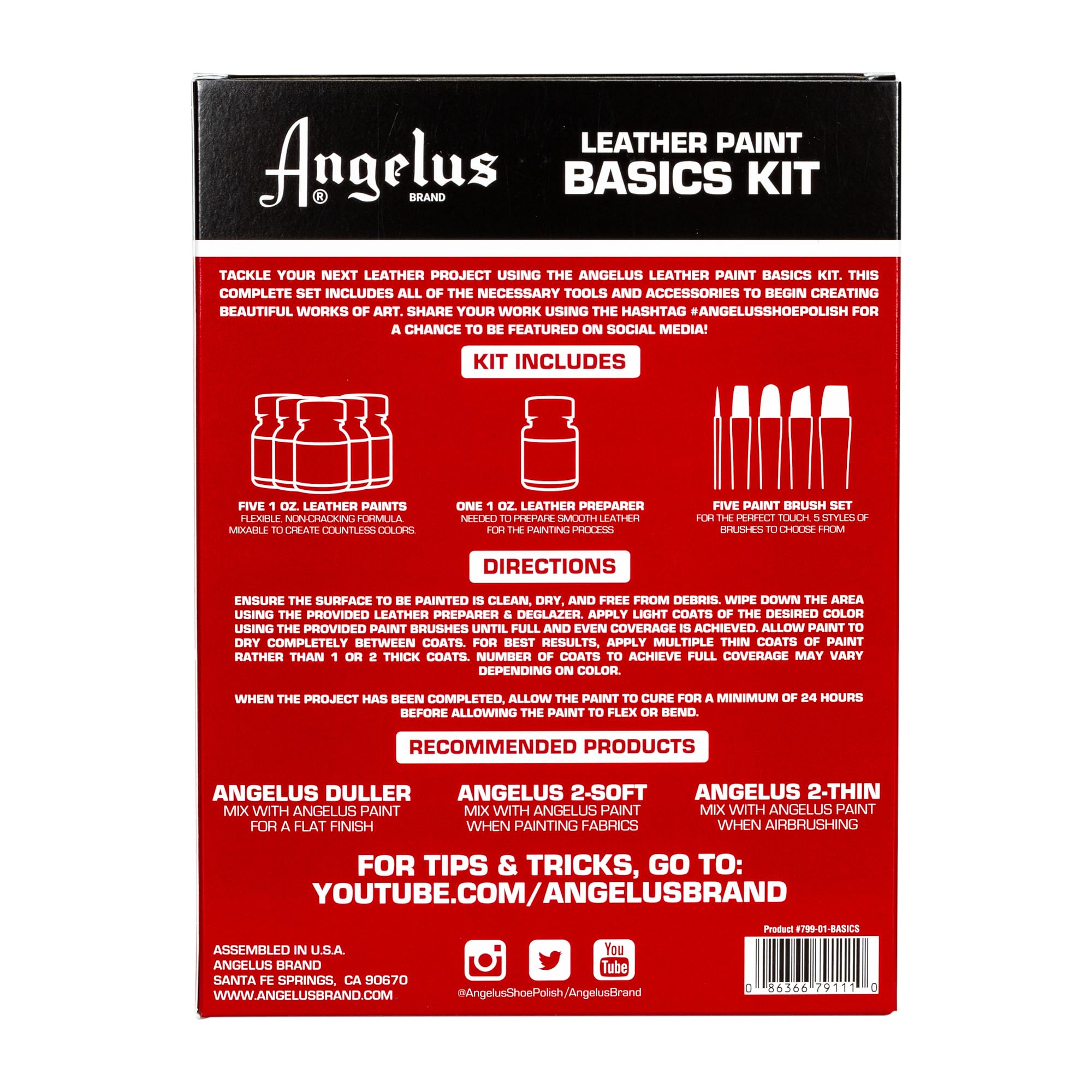 Angelus Leather Paint Kit- Basics Starter Kit Includes 5 Paints, Preparer Deglazer, & 5 Piece Paint Brush Set