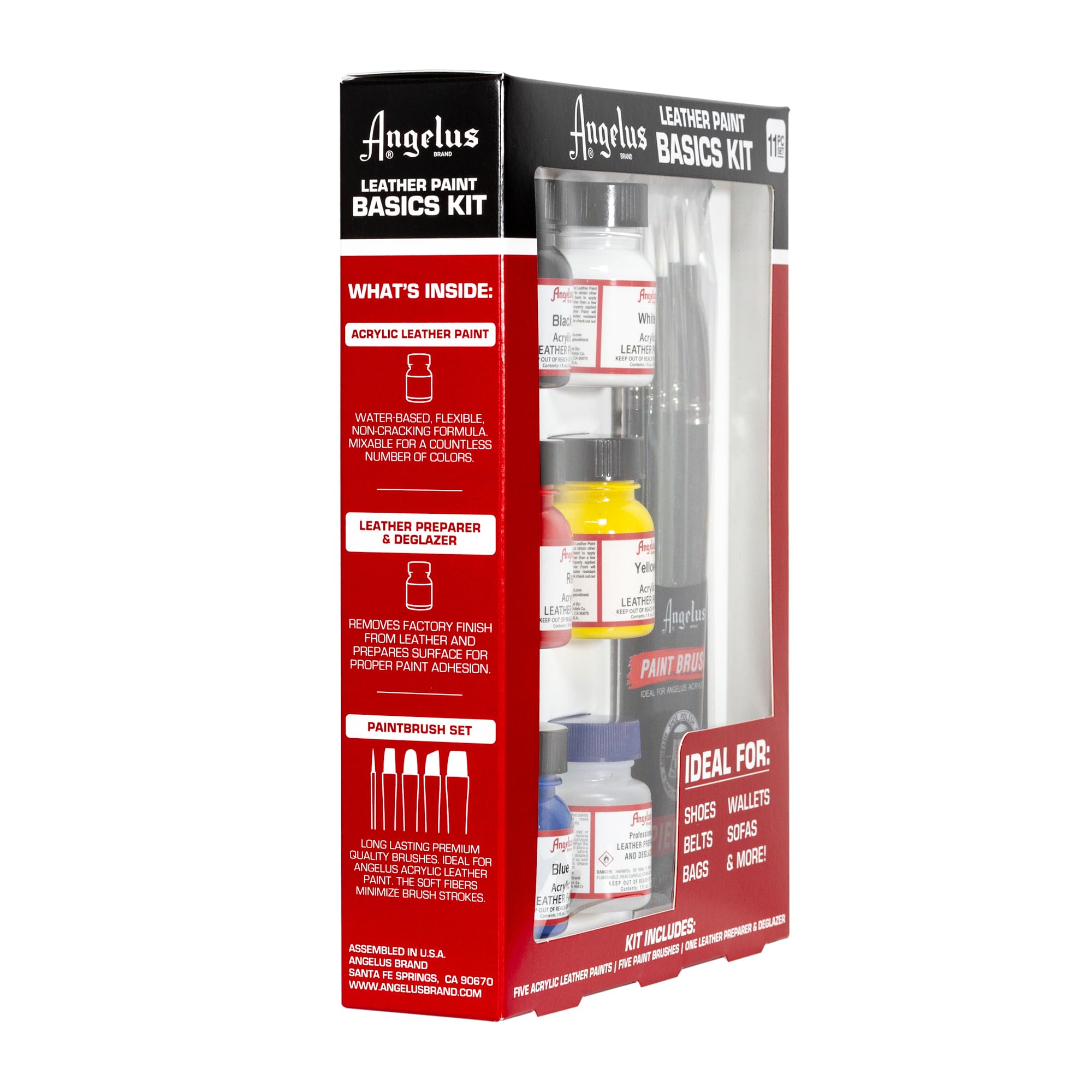 Angelus Leather Paint Kit- Basics Starter Kit Includes 5 Paints, Preparer Deglazer, & 5 Piece Paint Brush Set