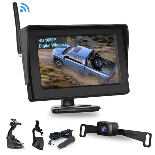 Wireless Backup Camera for Trucks Car Pickup Camper Van, 4.3 Inch IPS Monitor, HD 1080 Digital License Plate Rear View Camera Night Vision Waterproof Image Flip Grid Lines ON/Off
