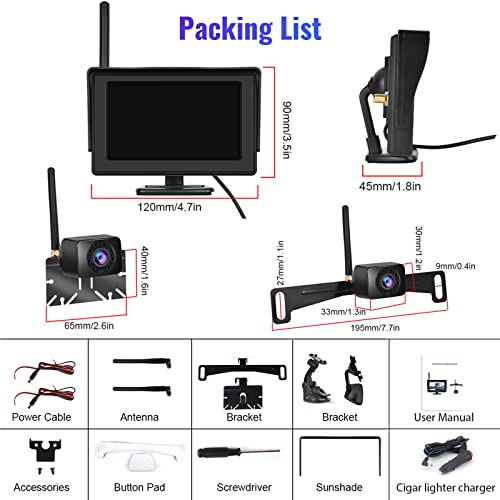 Wireless Backup Camera for Trucks Car Pickup Camper Van, 4.3 Inch IPS Monitor, HD 1080 Digital License Plate Rear View Camera Night Vision Waterproof Image Flip Grid Lines ON/Off