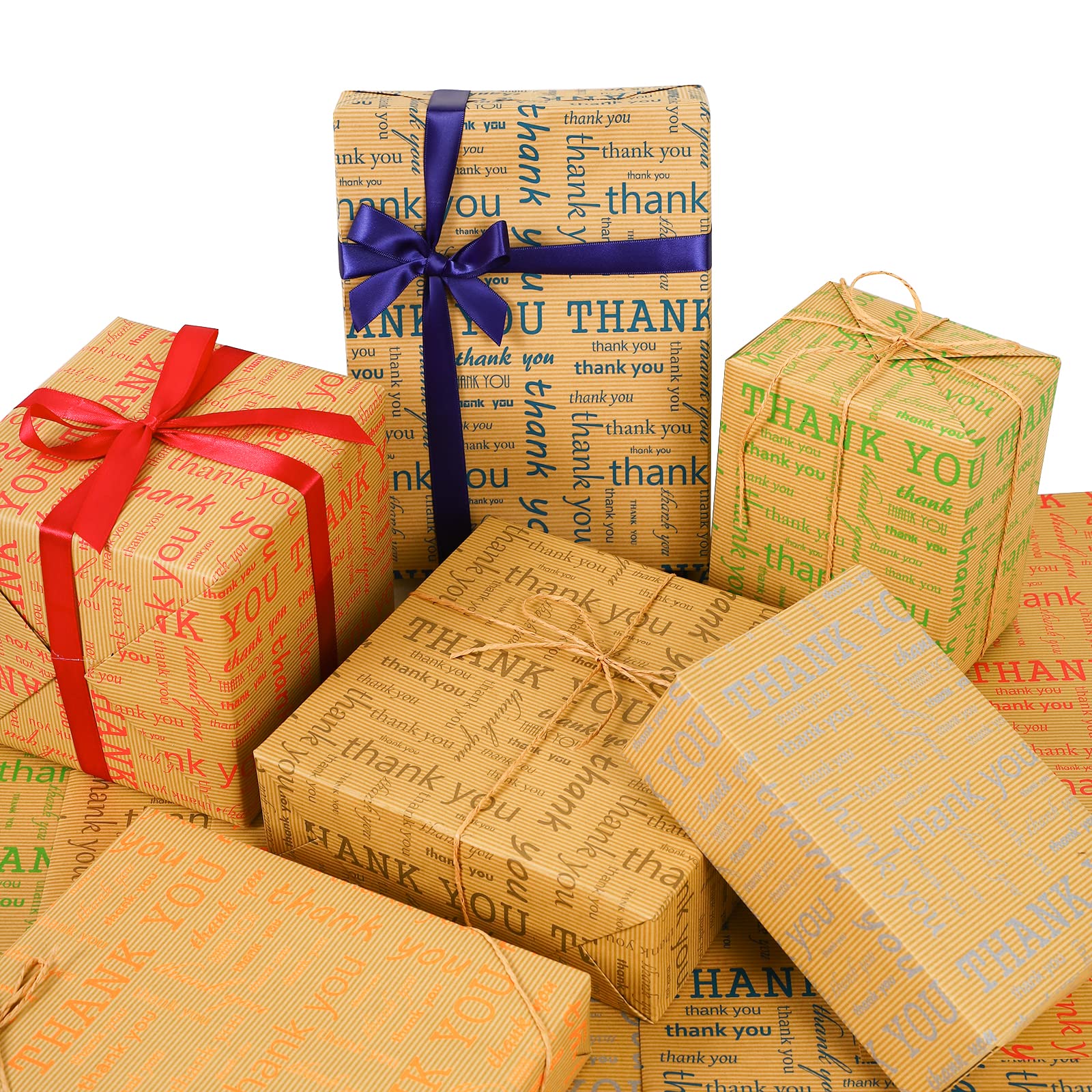 Packanewly Wrapping Paper - 6 Folded Kraft Sheets with DIY Sticker, Ribbon, Tape - Word Thank You Design Gift Wrap Sheet - 19.6 x 27.5 inches per Sheet