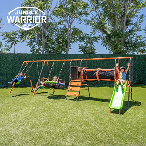 Jungle Warrior Anaconda Metal Swing Set with 45" Saucer Swing, 2 Sling Swings, Rock Climbing Wall and 5ft Slide with Slide