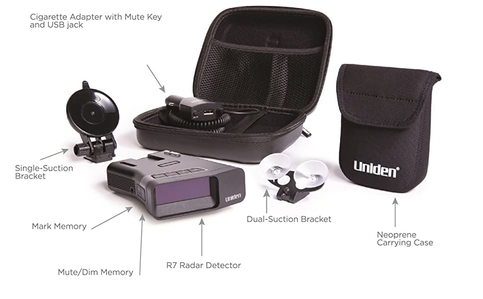 Uniden R7 Extreme Long Range Laser/Radar Detector and Scosche 1080p Dash Cam Bundle. Radar w/Built-in GPS, Real-Time Alerts, Dual Antennas, Front/Rear & Directional Arrows, Red Light Camera Alerts
