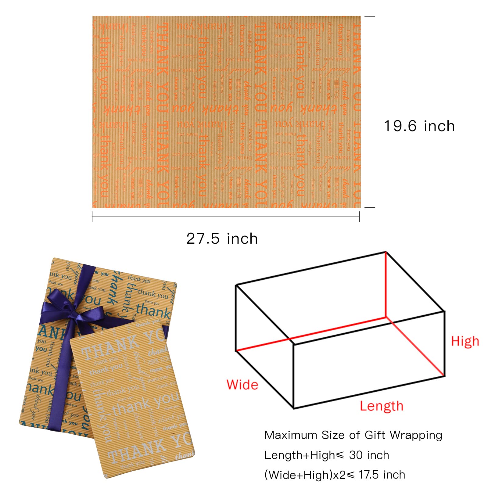 Packanewly Wrapping Paper - 6 Folded Kraft Sheets with DIY Sticker, Ribbon, Tape - Word Thank You Design Gift Wrap Sheet - 19.6 x 27.5 inches per Sheet