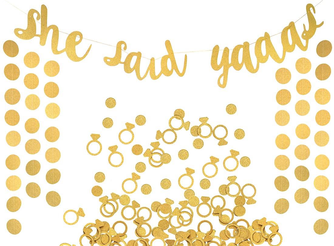 She Said Yaaas Banner, Garland & Confetti Set - Bachelorette, Engagement or Wedding Party Decorations - Sparkly Decorations with Super Fun Diamond Ring & Circle Confetti (Gold)