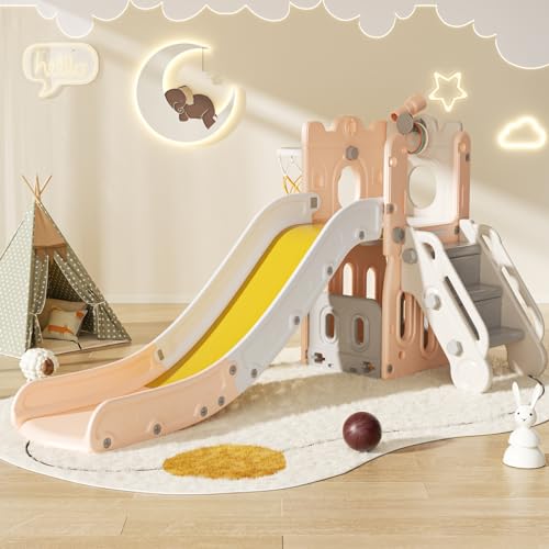 YUYUE 7 in 1 Toddler Slide,Kids Climber Slide with Storage Space and Non-Slip Steps,Indoor Outdoor Playset with Basketball Hoopa and Telescope,Slide for Toddlers Age 1-8,Slip and Slide