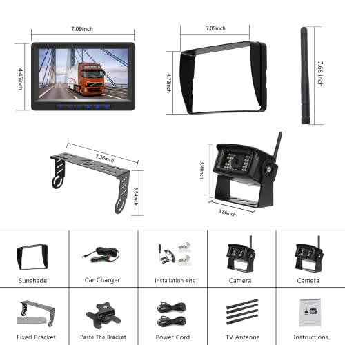 FHD 1080P Wireless Backup Camera Kit 7β LCD Monitor with Blue Backlit Buttons Support Split Screen Two Cameras IP69 Waterproof IR Night Vision for Bus/RV/Truck/Trailer/Motorhome/Boat