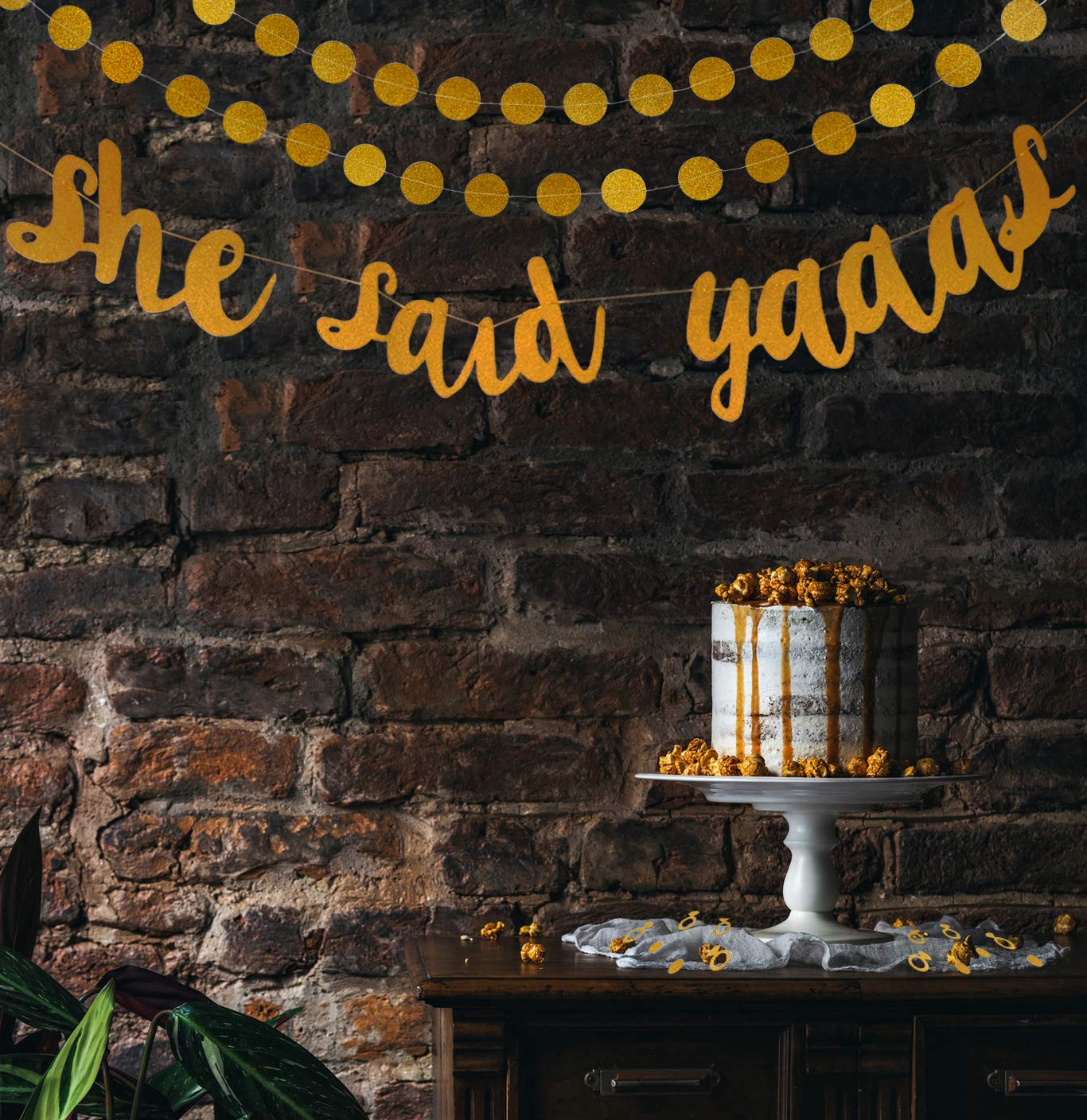 She Said Yaaas Banner, Garland & Confetti Set - Bachelorette, Engagement or Wedding Party Decorations - Sparkly Decorations with Super Fun Diamond Ring & Circle Confetti (Gold)