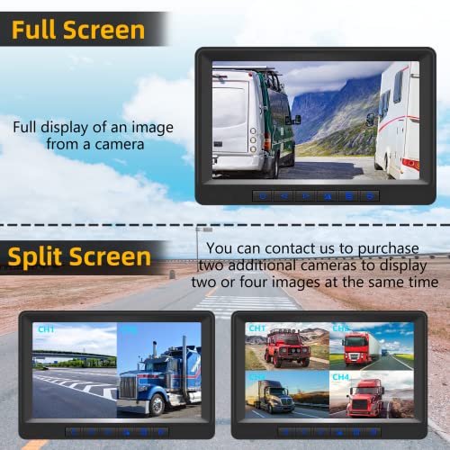 FHD 1080P Wireless Backup Camera Kit 7β LCD Monitor with Blue Backlit Buttons Support Split Screen Two Cameras IP69 Waterproof IR Night Vision for Bus/RV/Truck/Trailer/Motorhome/Boat