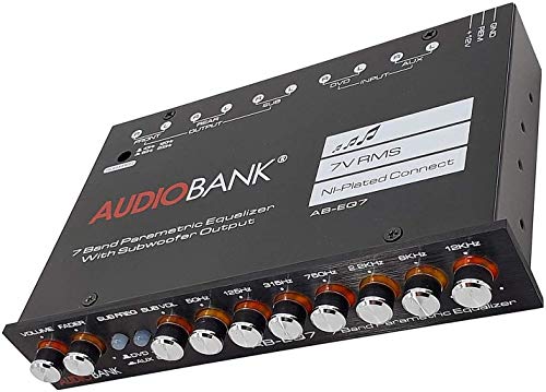 Audiobank EQ7 1/2 Din 7 Band Car Audio Equalizer EQ with Front, Rear/Frequency Adjustable /3 Stereo RCA Input for Portable Devices & Subwoofer Output -2nd Gen