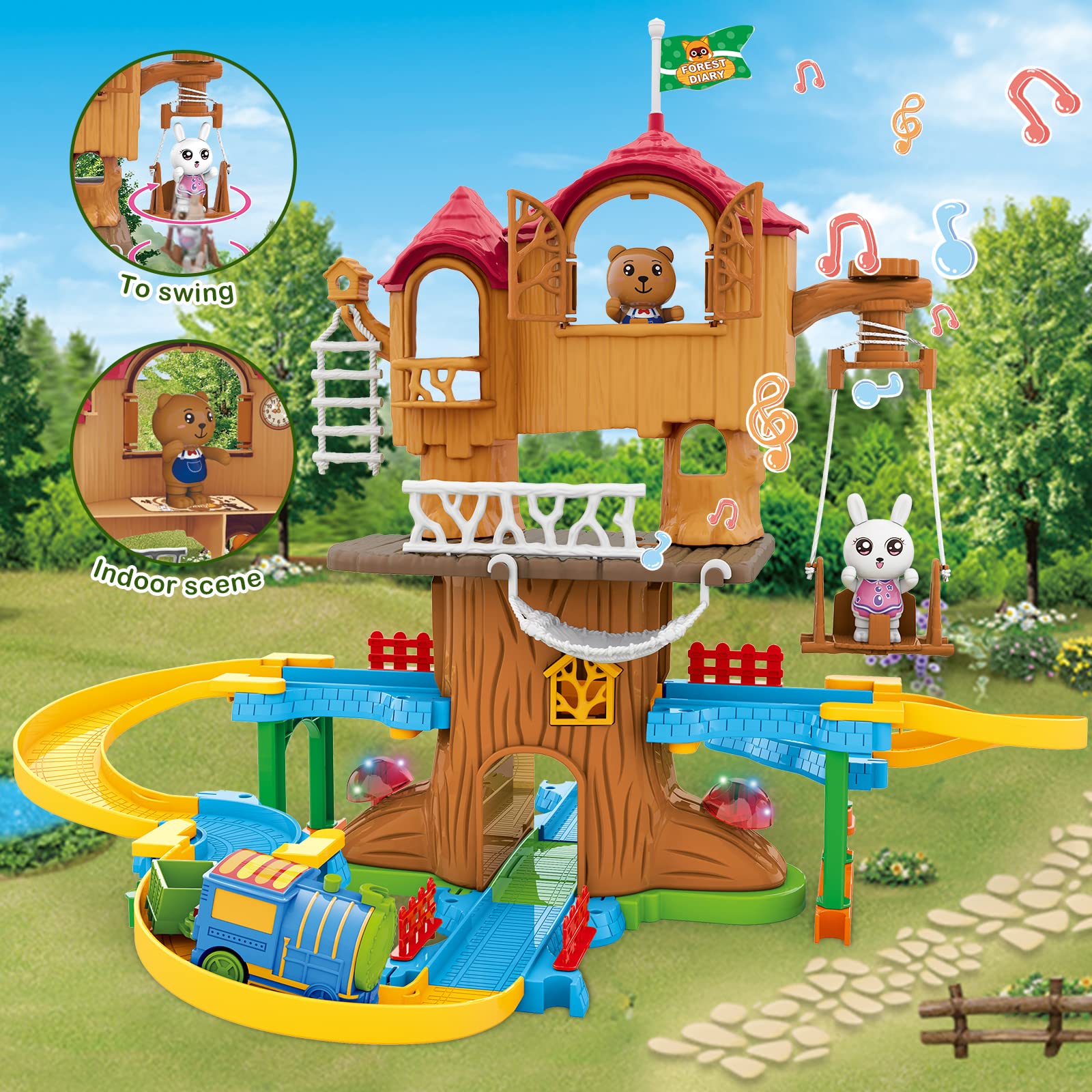 deAO Tree House Playset, Train Set Car Track Toys for Toddlers, DIY Forest Friends Pretend Playhouse with 2 Dolls Toy Figures,Train,Car Tracks,Swing,Sound & Light Function Toy House for 3+ Boys Girl