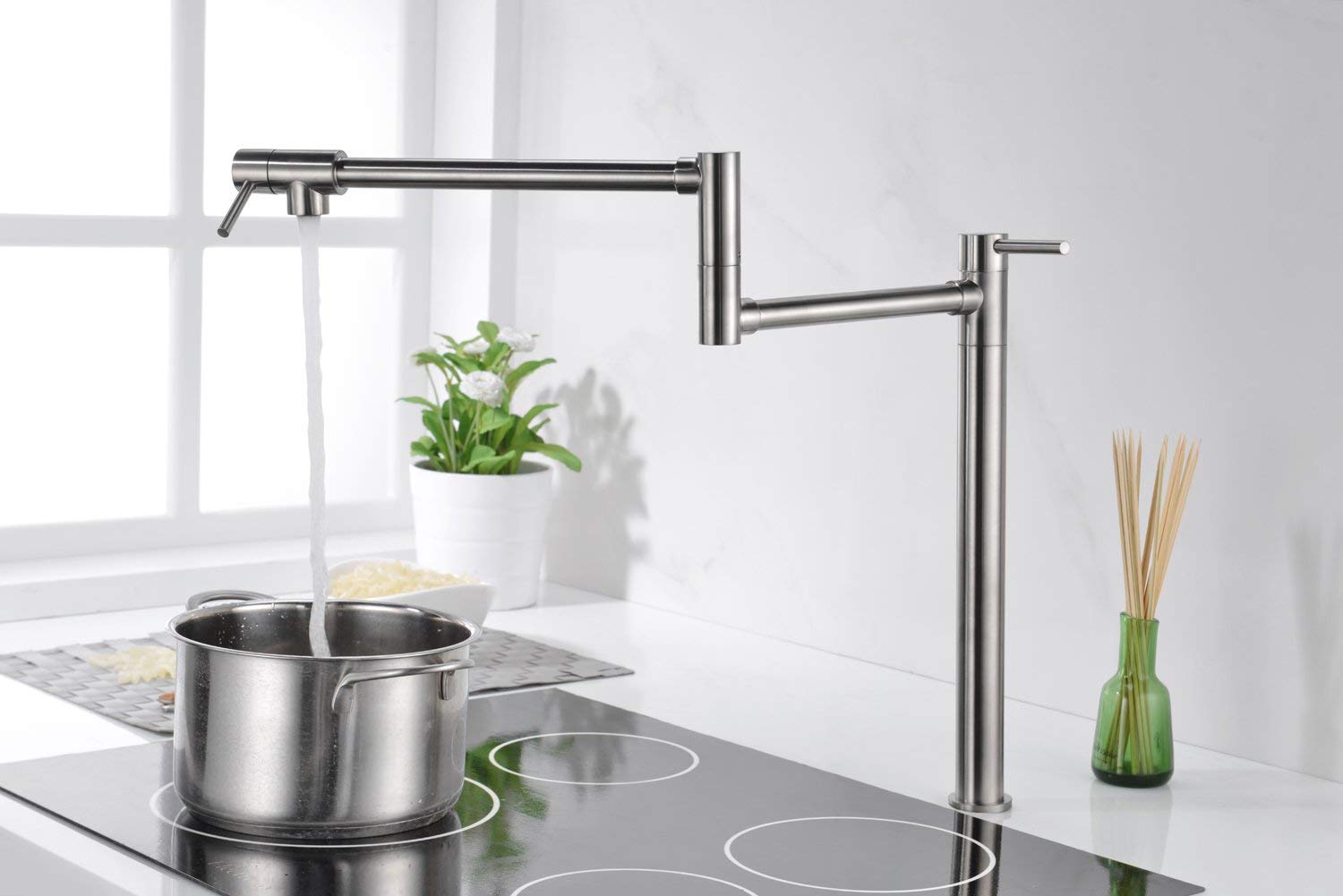 Deck Mount Pot Filler Faucet Brushed Nickel Finish with Extension Shank and 20" Dual Swing Joints Spout, SUMERAIN