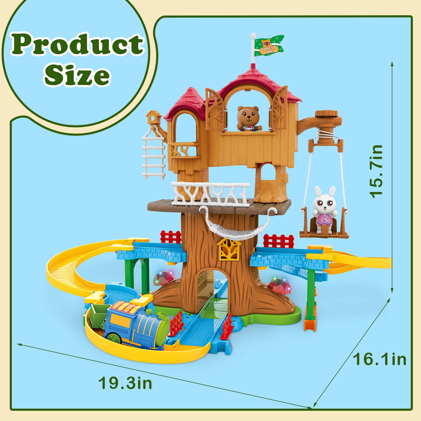deAO Tree House Playset, Train Set Car Track Toys for Toddlers, DIY Forest Friends Pretend Playhouse with 2 Dolls Toy Figures,Train,Car Tracks,Swing,Sound & Light Function Toy House for 3+ Boys Girl