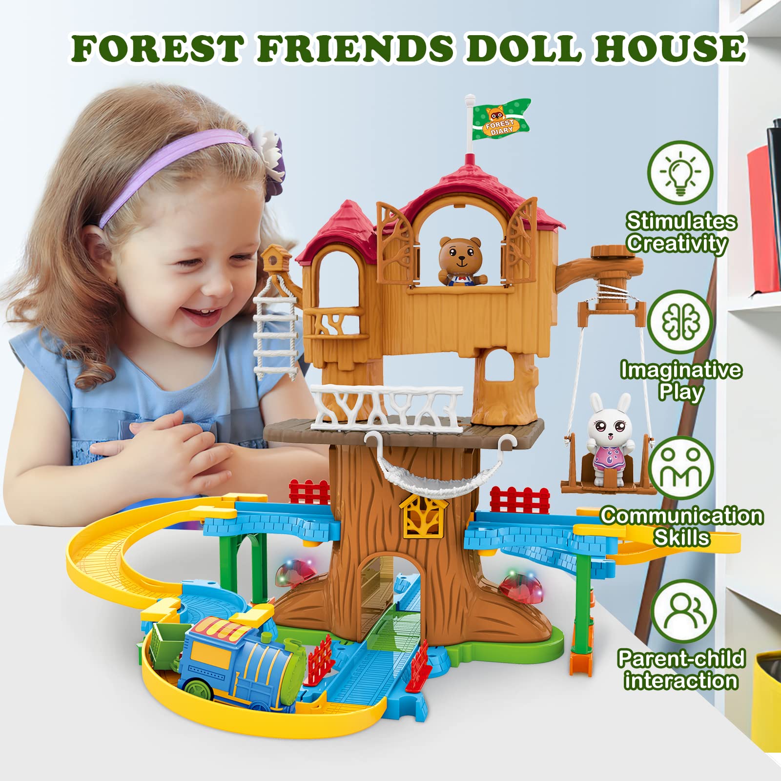 deAO Tree House Playset, Train Set Car Track Toys for Toddlers, DIY Forest Friends Pretend Playhouse with 2 Dolls Toy Figures,Train,Car Tracks,Swing,Sound & Light Function Toy House for 3+ Boys Girl