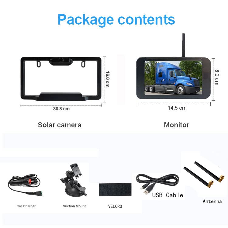 Solar Wireless License Plate Frame Backup Camera, 5 Inch HD Monitor with Digital Wireless Signal and HD Image Waterproof Rear View Camera for Truck,Car,RV，5 Mins DIY Installation，YIMU WX8310D