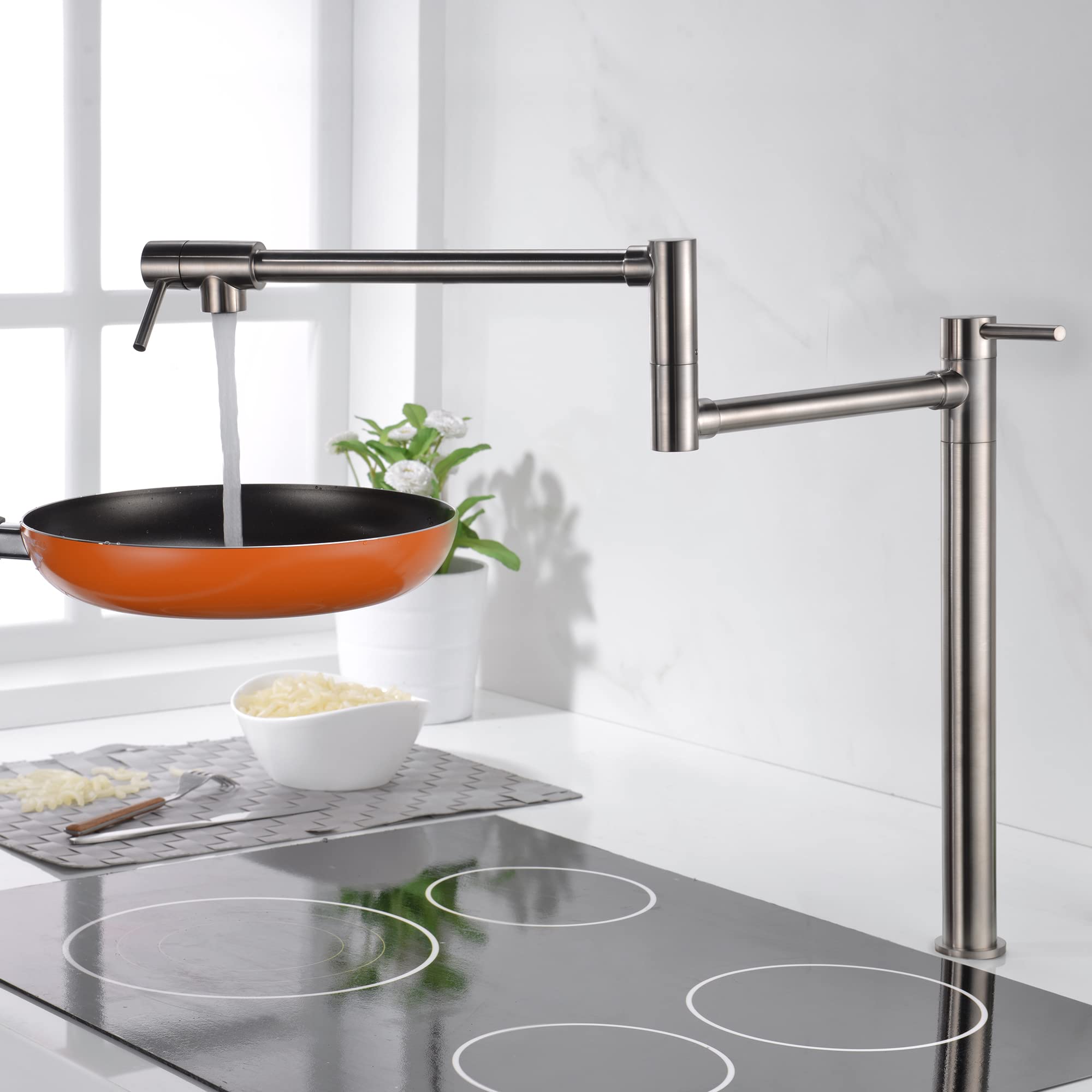 Deck Mount Pot Filler Faucet Brushed Nickel Finish with Extension Shank and 20" Dual Swing Joints Spout, SUMERAIN