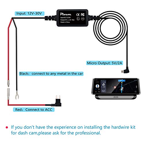 Dash Cam Hardwire Kit, Micro USB Hard Wire Kit for Dashcam, Plozoe 12V-24V to 5V Car Dash Camera Charger Power Cord, Gift 4 Fuse Tap Cable and Installation Tool(11.5ft)
