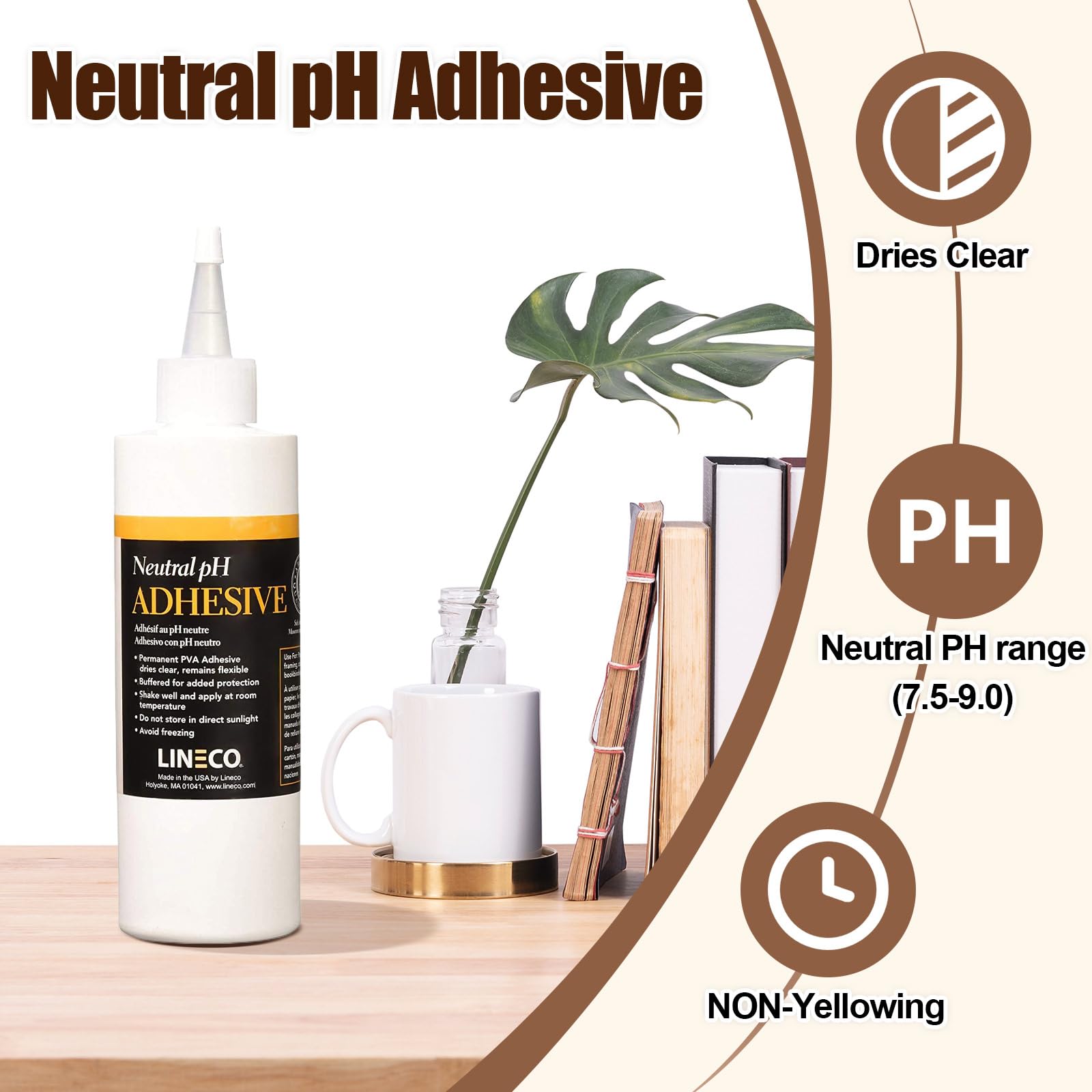 Lineco Neutral pH Adhesive, Acid-Free Dries Clear, PVA Formula Material Dries Quick Water Soluble Flexible When Dried, 8 Ounces, Used for Book Binding and Other Paper Projects (Pack of 2, White)