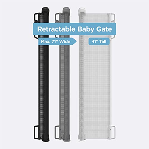 Retractable Baby Gate Perma Child Safety 41" Tall x 71β Wide, Mesh, For Stairs, Doorways, Dogs, Pets, Indoor, Outdoor, One-Handed Operation, Locking, Easy Install, Hardware Mount, White