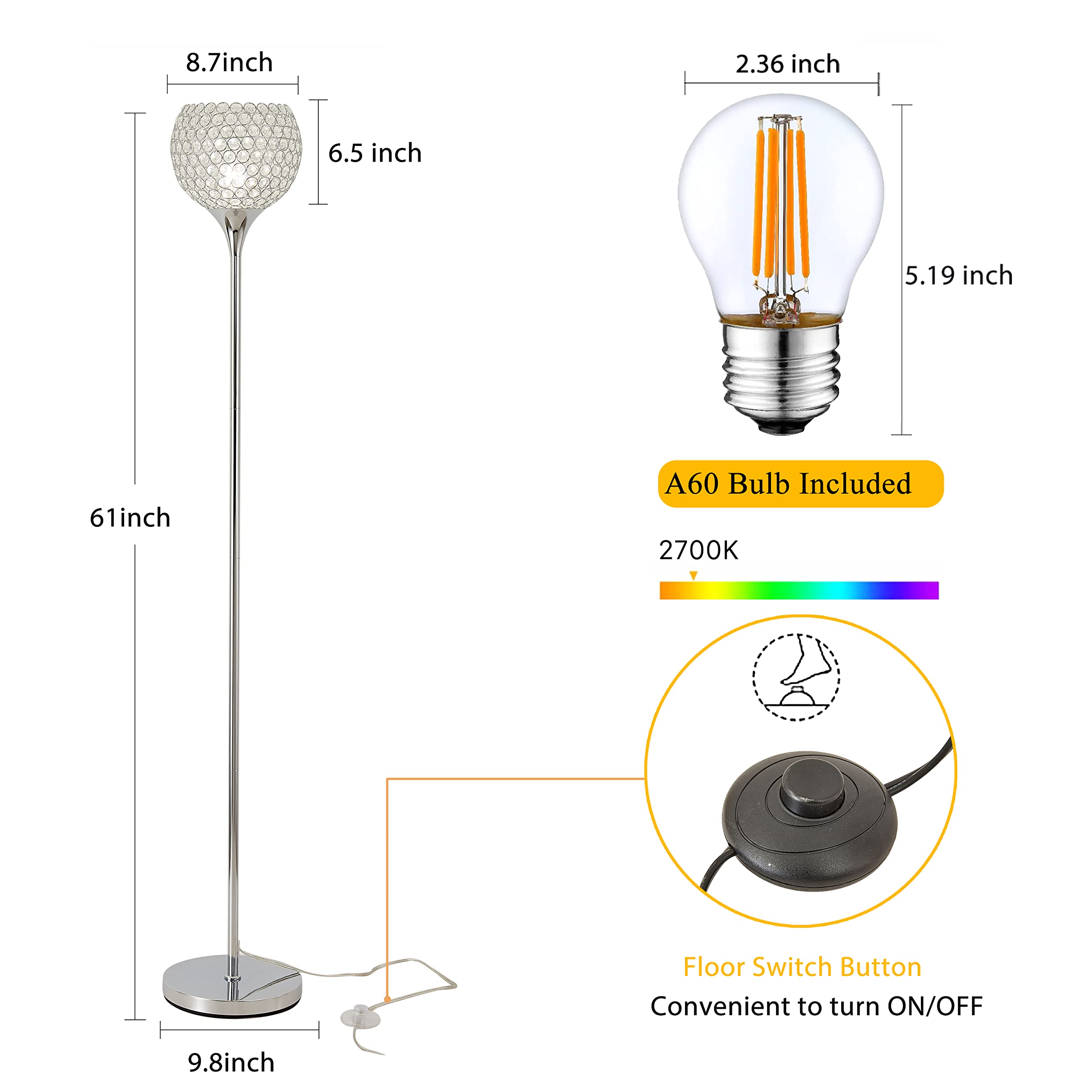Spherical Crystal Floor Lamp, Silver 8.7 in Shade Elegant Standing Light with Crystal Lamp Shade for Living Room, Bedroom, Office, Modern Chrome 61 in Tall Pole Lighting, E26 Base, LED Bulb Included