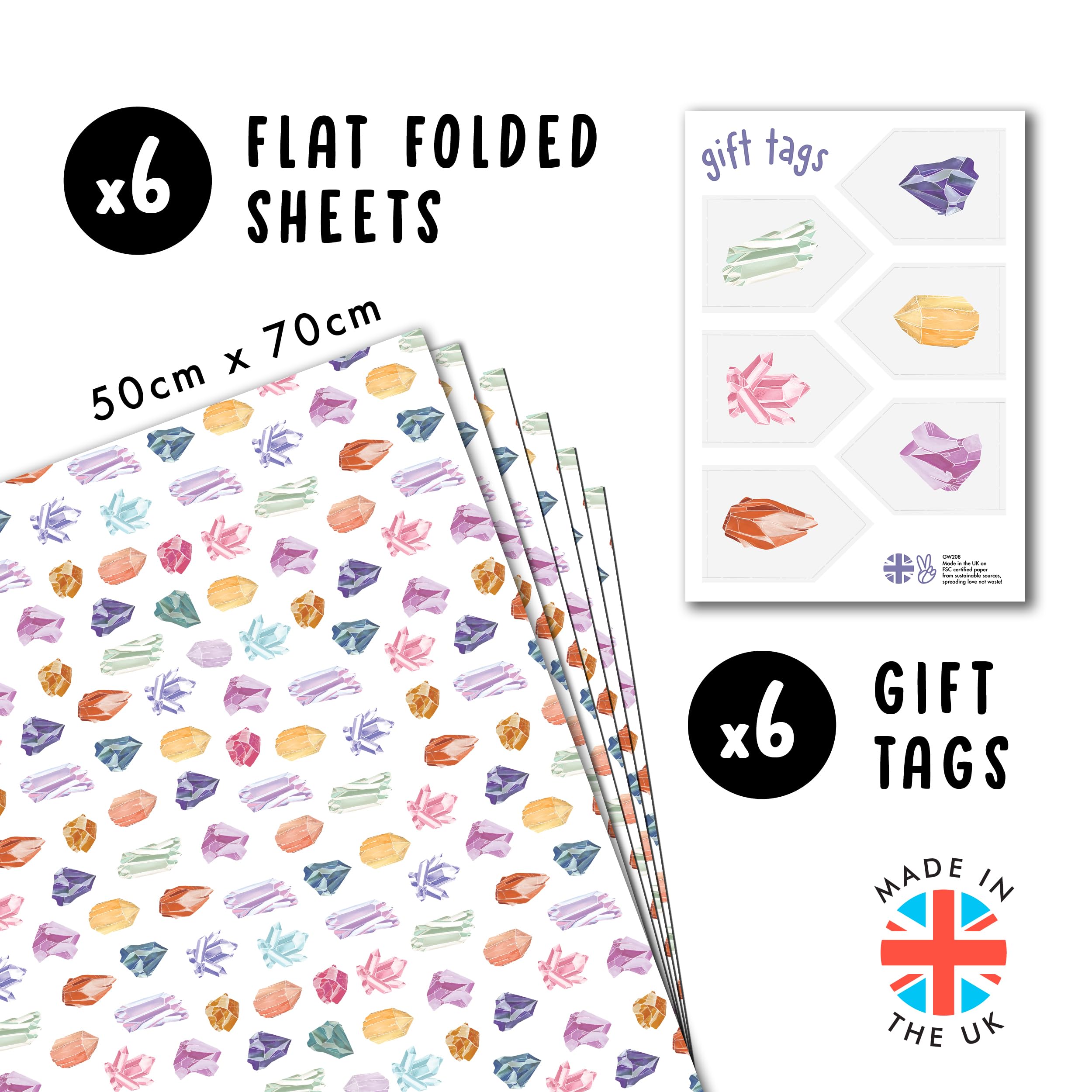 CENTRAL 23 - Crystals Gift Wrap - 6 Wrapping Paper Sheets - Precious Stones on White Background - For Birthdays - Women Girls - Recyclable