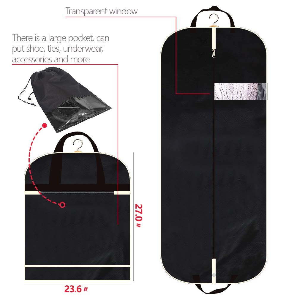 2 Pack 54" Gusseted Garment Bags with Extra Large Pockets for Travel, Breathable Foldable Suit Covers Mens Womens Hanging Bag for Clothes Shirts Dresses Coats, Black