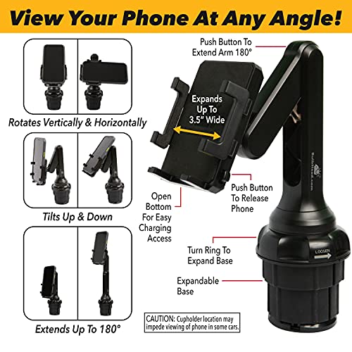 BulbHead Phone Crane Mount for Car, As Seen On TV, Ultra-Long Arm Raises Over a Foot Higher, Drive Safer, 360° Rotation, Vertical & Horizontal Adjustment, Twistable Base Fits Any Cupholder