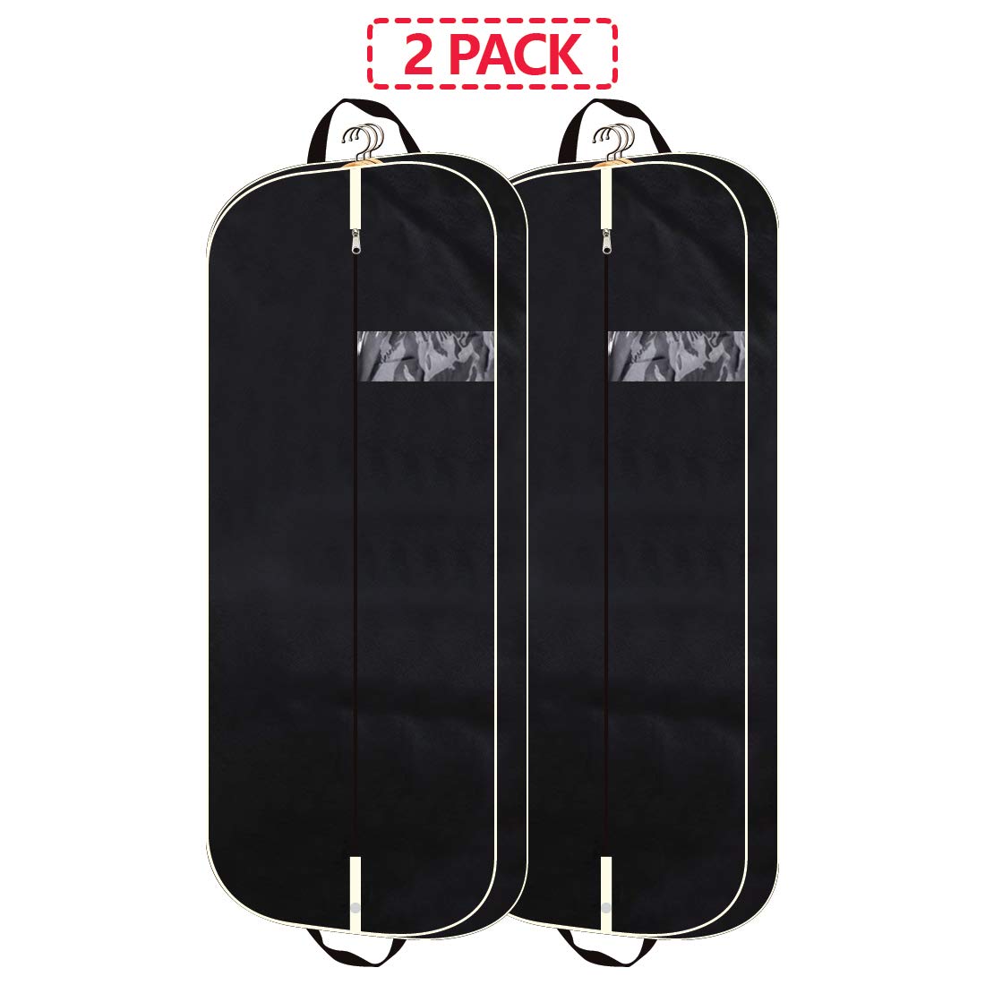 2 Pack 54" Gusseted Garment Bags with Extra Large Pockets for Travel, Breathable Foldable Suit Covers Mens Womens Hanging Bag for Clothes Shirts Dresses Coats, Black