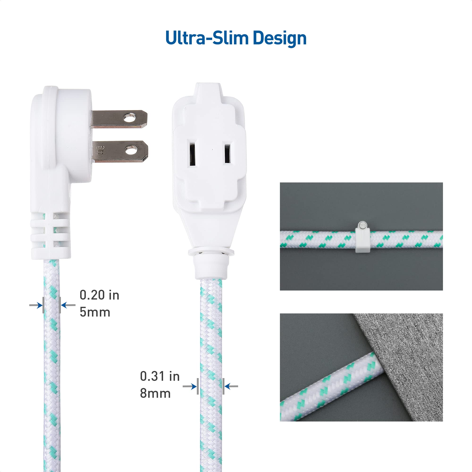 Cable Matters 2 Pack Premium Braided 3 Outlet Flat Extension Cord 2 Prong 6 ft with Low Profile Plug