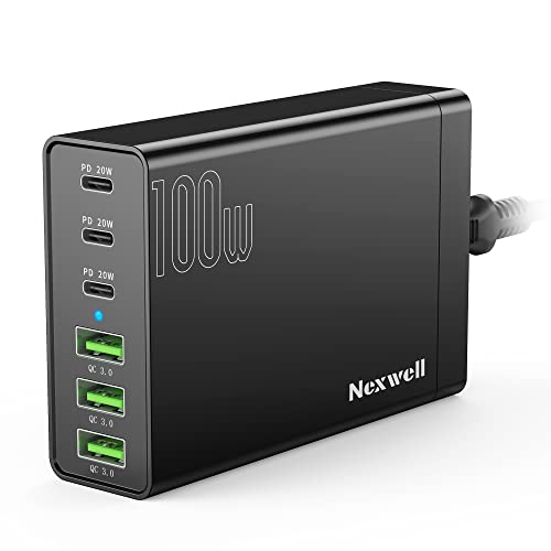 USB C Charger, Nexwell 100W GaN 6-Port Desktop USB Charging Station with 3 USB-C Ports +3 USB-A Ports, Portable PD Fast Charger for iPhone 14 13 12 Pro Max, iPad, Samsung Galaxy, 5ft Extension Cord
