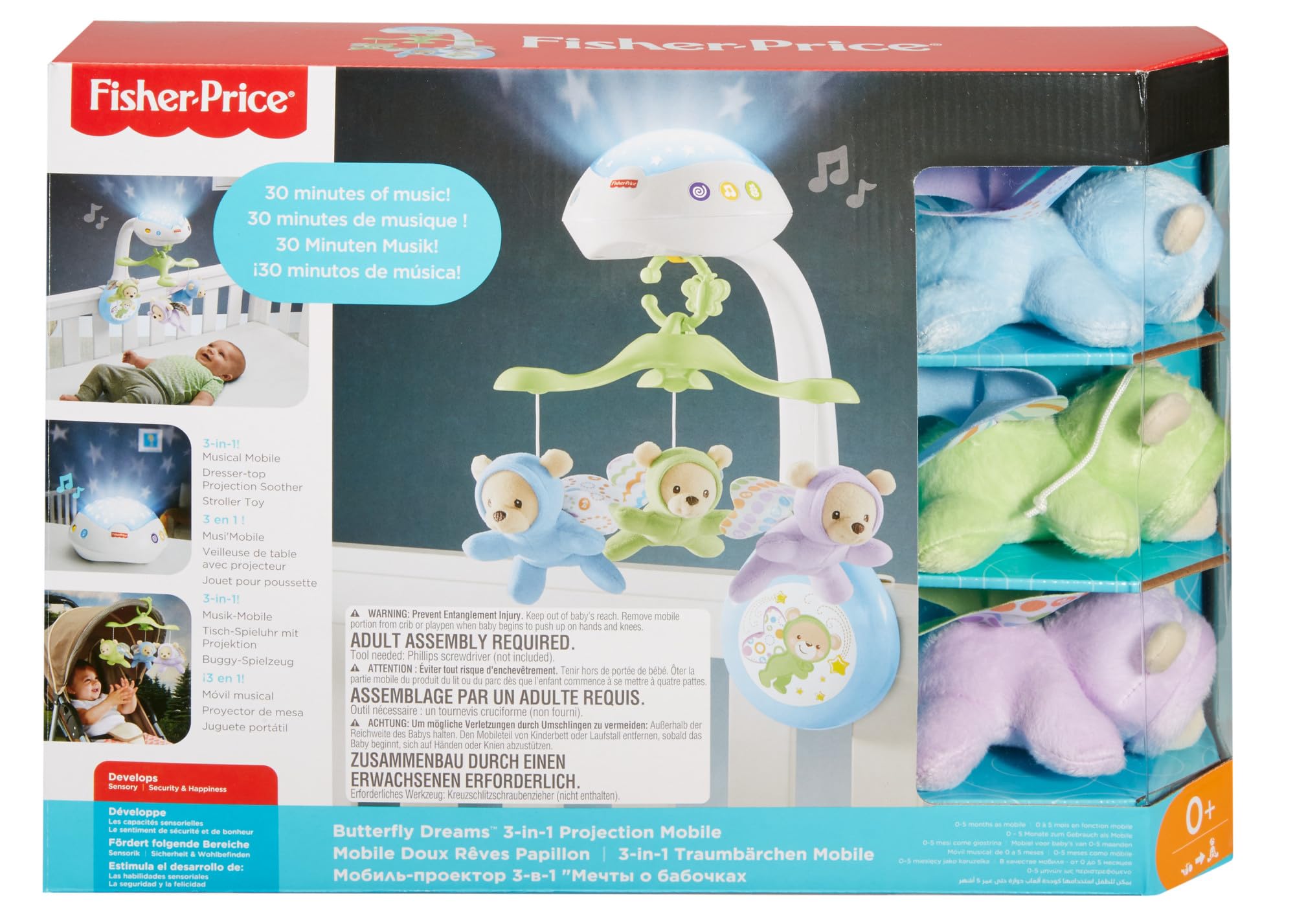Fisher-Price Baby Crib Toy, 3-in-1 Projection Mobile, Butterfly Dreams Sound Machine with Light Projection for Newborn to Toddler
