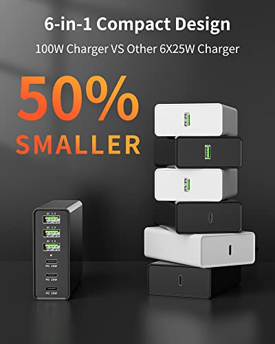 USB C Charger, Nexwell 100W GaN 6-Port Desktop USB Charging Station with 3 USB-C Ports +3 USB-A Ports, Portable PD Fast Charger for iPhone 14 13 12 Pro Max, iPad, Samsung Galaxy, 5ft Extension Cord