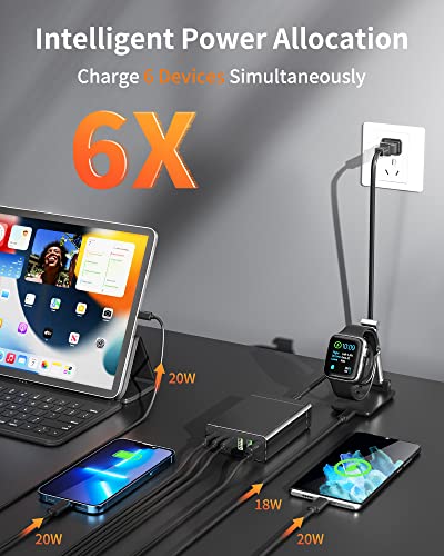 USB C Charger, Nexwell 100W GaN 6-Port Desktop USB Charging Station with 3 USB-C Ports +3 USB-A Ports, Portable PD Fast Charger for iPhone 14 13 12 Pro Max, iPad, Samsung Galaxy, 5ft Extension Cord